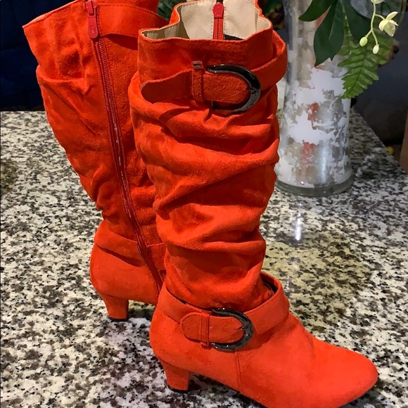 Shoes | Red Suede Slouch Heeled Boots | Poshmark